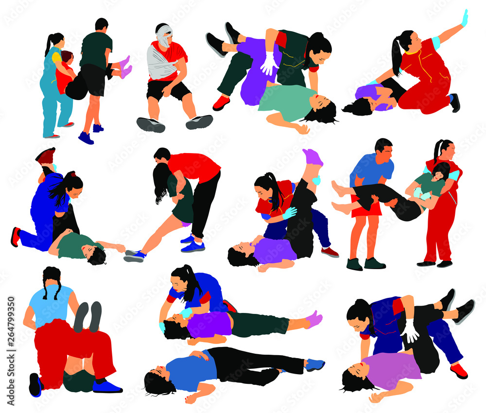 Paramedic rescue patient first aid vector illustration. Woman in ...