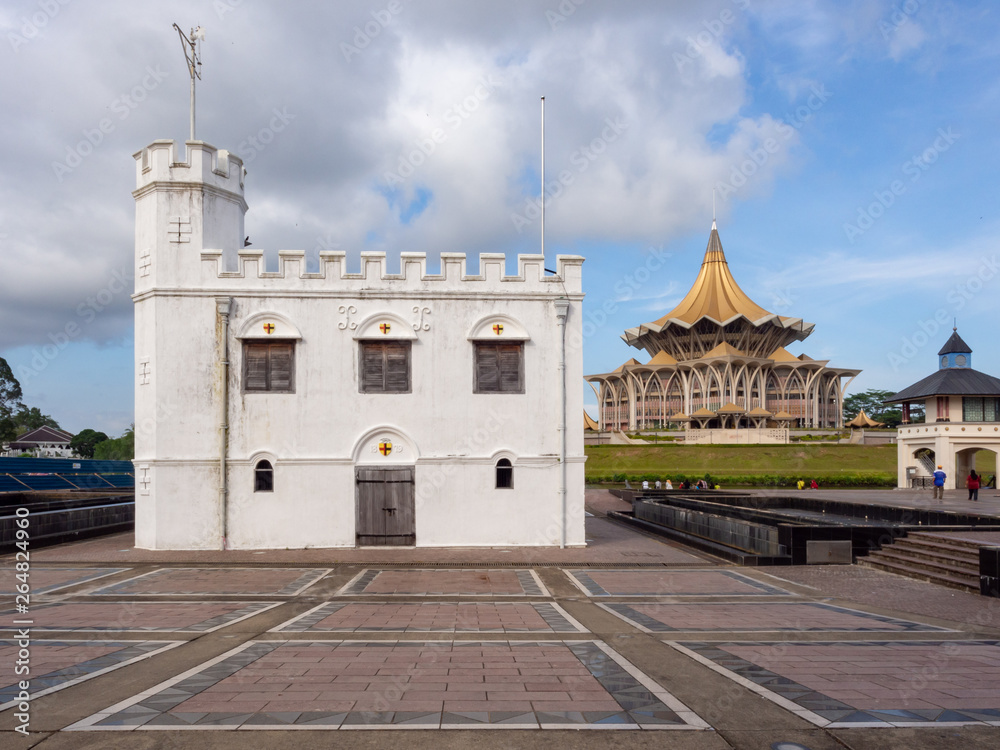 Square Tower and Sarawak parliament building in Kuching, Malaysia Stock ...