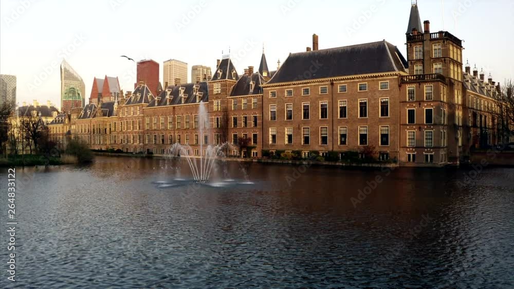 The Binnenhof in Den Haag in an aerial shot. The drone rises into the ...