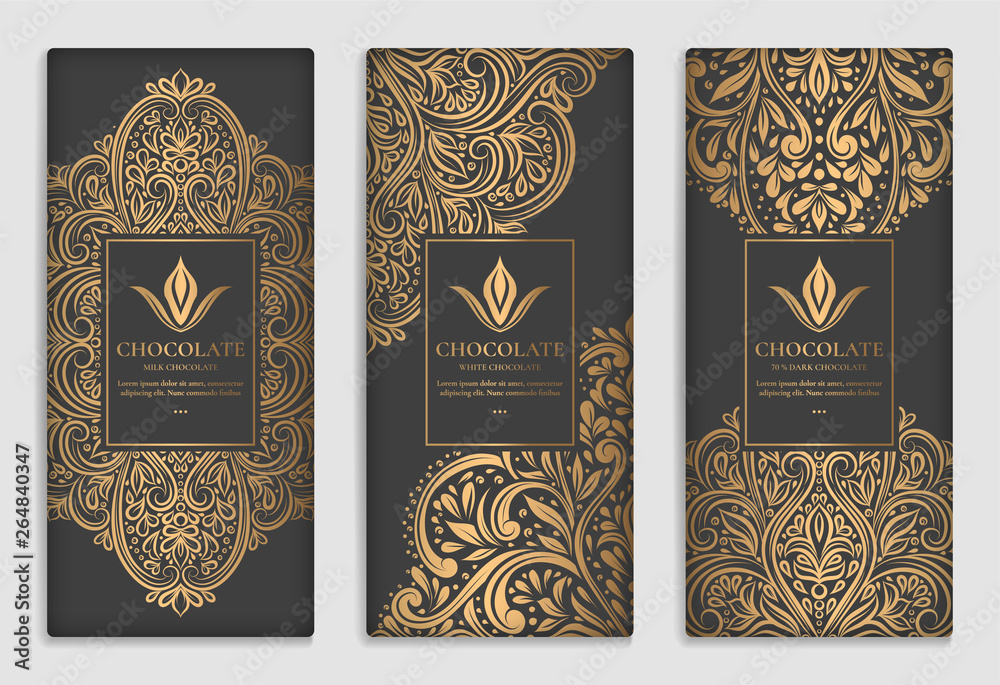 Gold and black packaging design of chocolate bars. Vintage vector ...