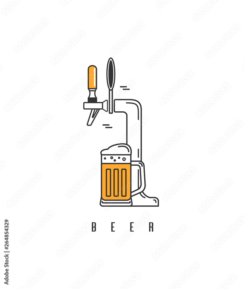 Beer tap and beer mug. Symbol in modern line style. Isolated elements ...
