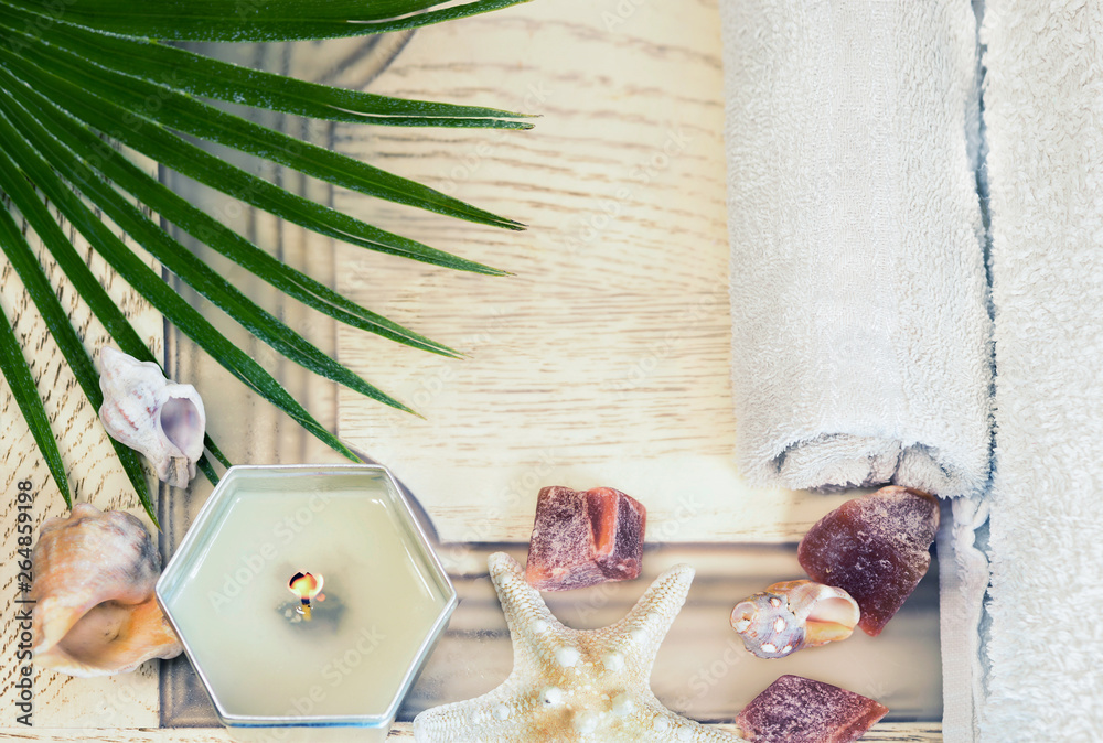 Bathroom table with Accessories for a fragrant bath in a jacuzzi in a ...