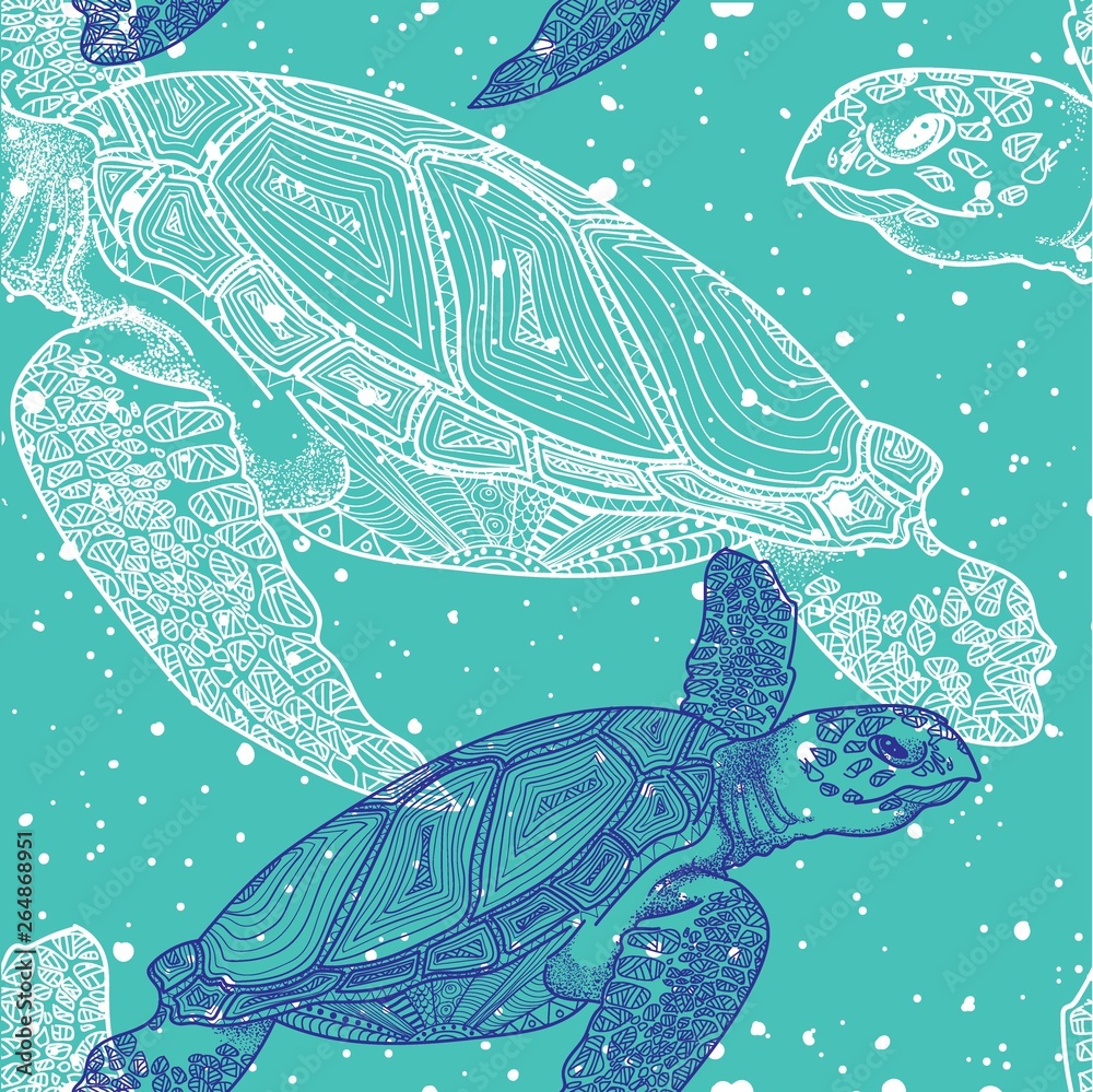 Seamless pattern with sea turtles. Marine life. Doodling, mandala ...