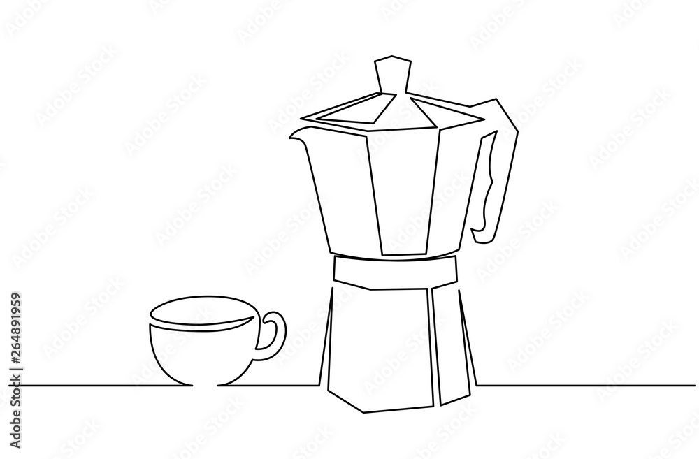 Coffee accessories continuous one line drawing. Italian coffee geyser ...