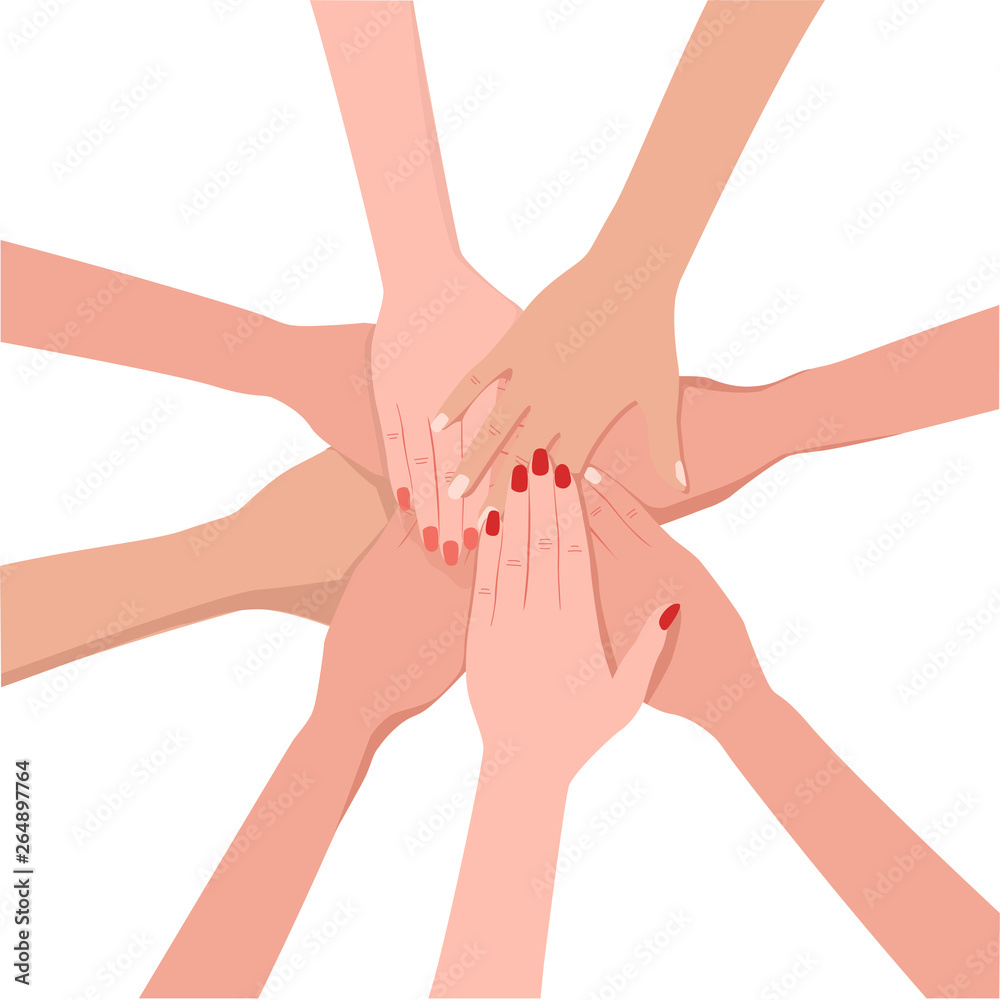 Friends with stack of hands showing unity and teamwork, top view. Young ...