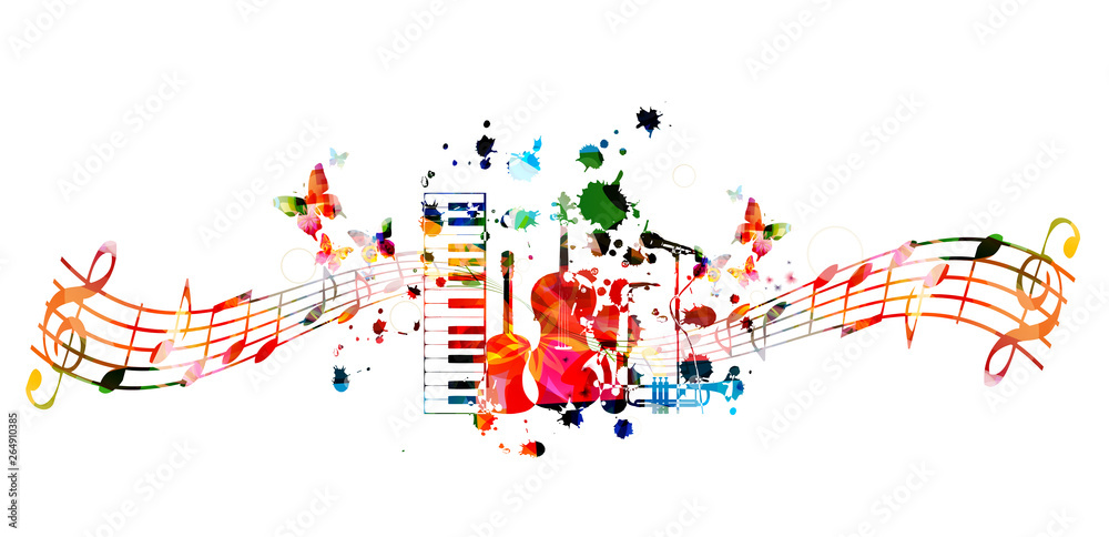 Music instruments background with music staff. Colorful piano keyboard ...