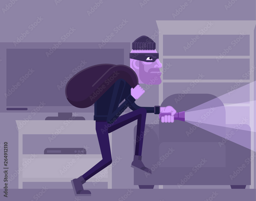 A thief, burglar or robber criminal cartoon character with his bag of ...