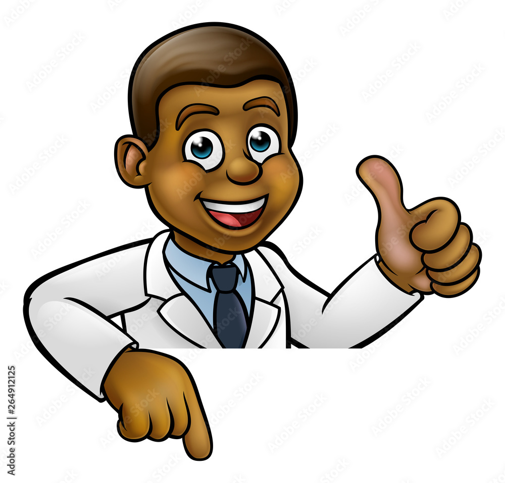 A cartoon scientist professor or doctor wearing lab white coat peeking ...