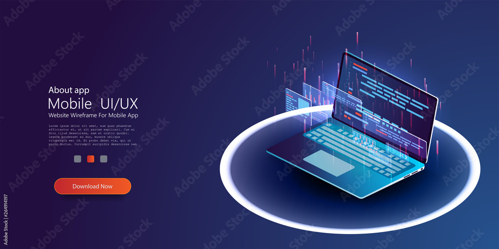 Laptop with program code isometric, software development and programming applications. Business ...