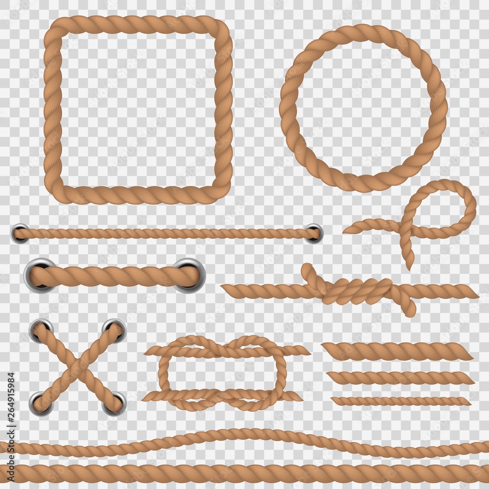 Brown rope. Realistic ropes marine cord, nautical curved round twine ...