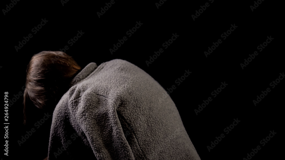 Hunchback beggar on black background, spinal diseases in old age ...