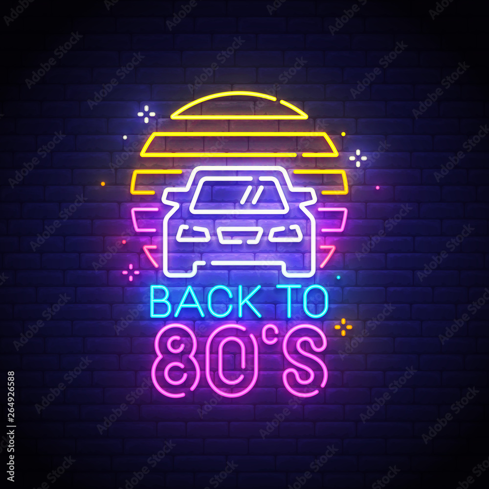 Back to 80s neon sign, bright signboard, light banner. Back to 80's logo neon, emblem. Vector ...