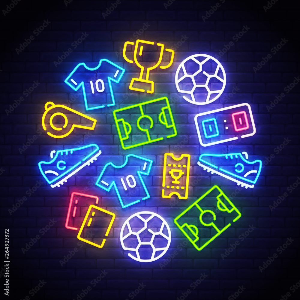 Football icons set. Soccer neon sign. Bright signboard, light banner ...