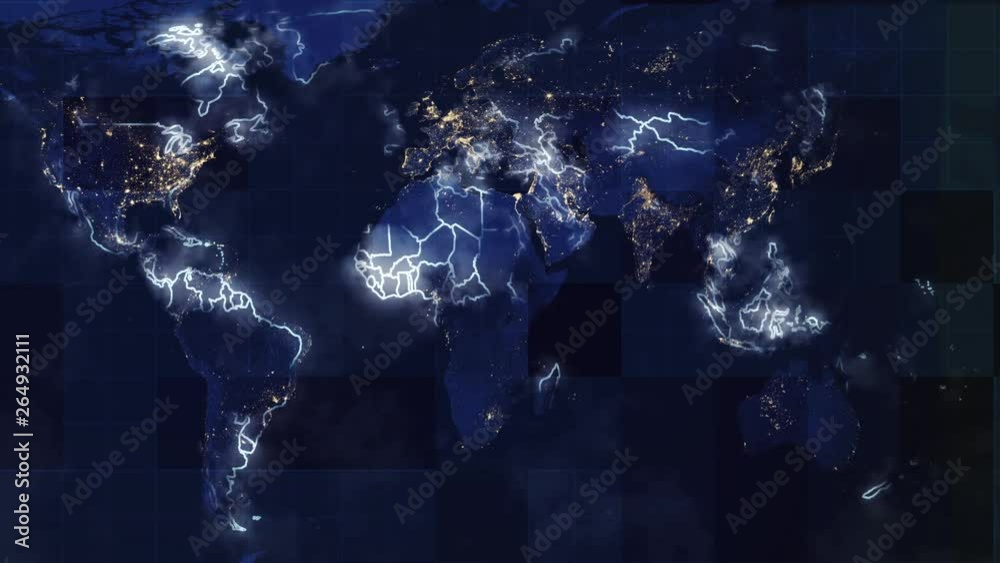 Animation of a global map of the world with visual effects and light ...
