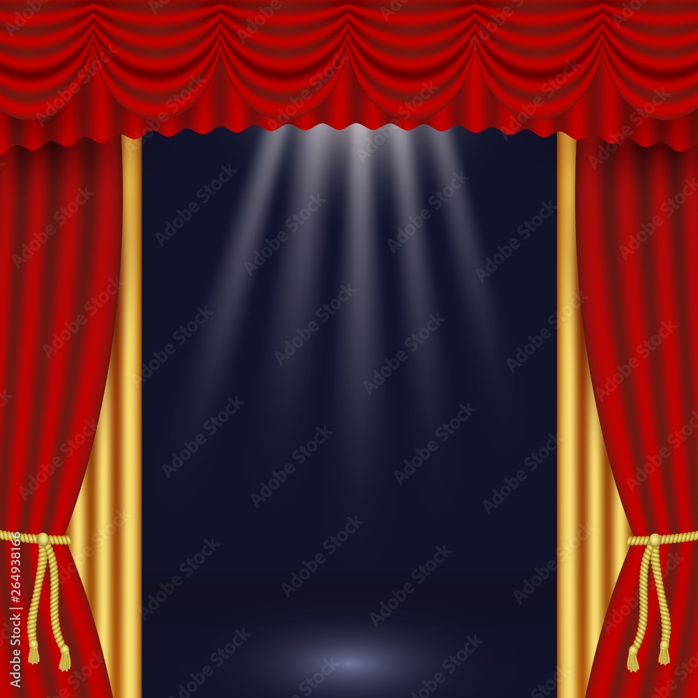 Vector realistic red and gold stage curtains frame with spotlights ...