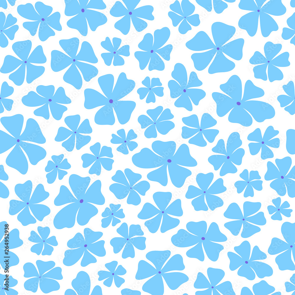 Seamless repeat pattern of stylized blue flowers on a white backgrounds ...
