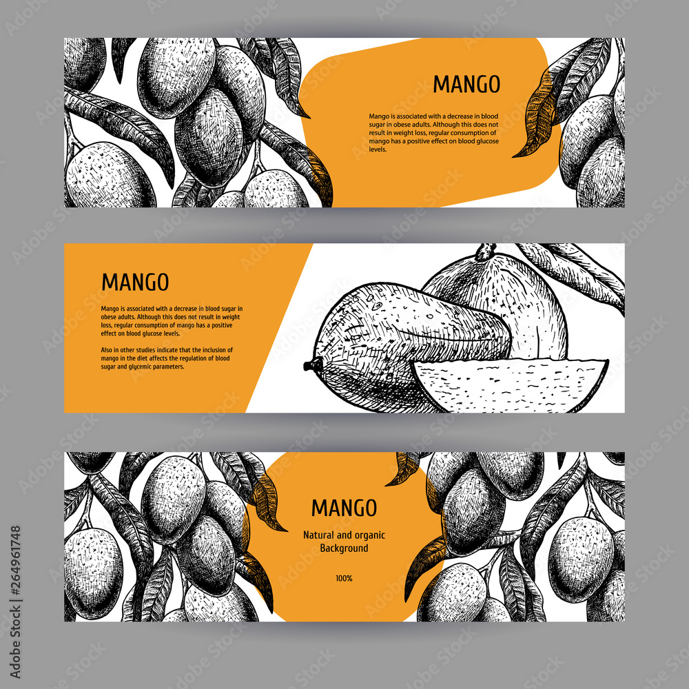 Banners with mango. Black-white design with fruit. Vector illustration ...