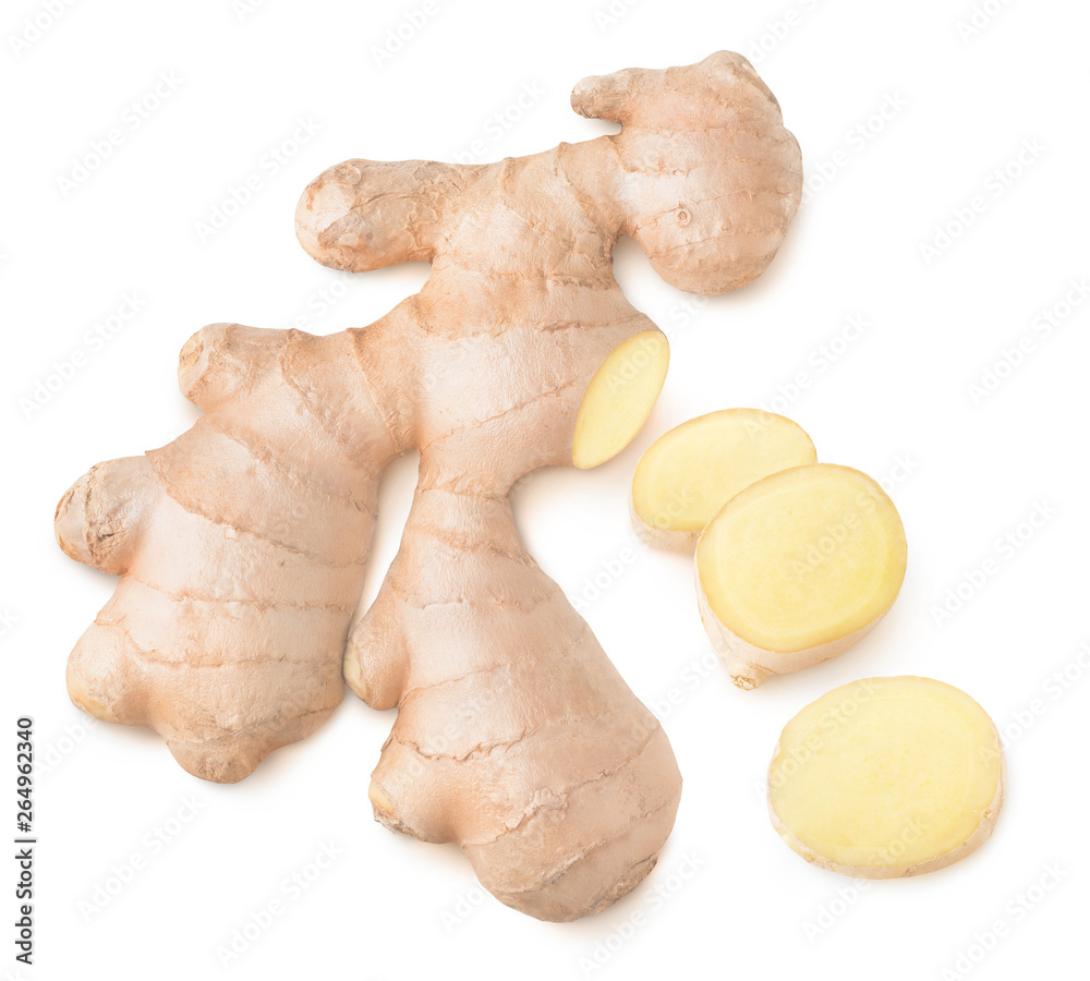 Isolated ginger. Cut ginger root, top view, isolated on white ...