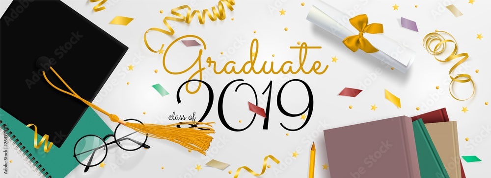 Graduation vector banner. Background Congrats graduates with objects ...