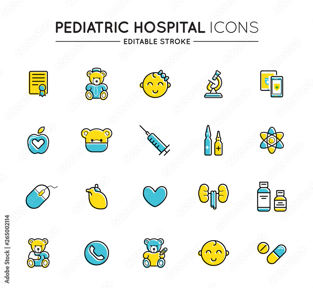 Outline colorful icons set. Pediatric hospital clinic and medical care ...