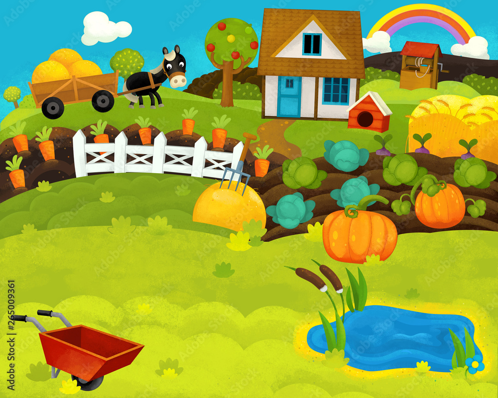 cartoon happy and funny farm ranch scene with happy animals ...