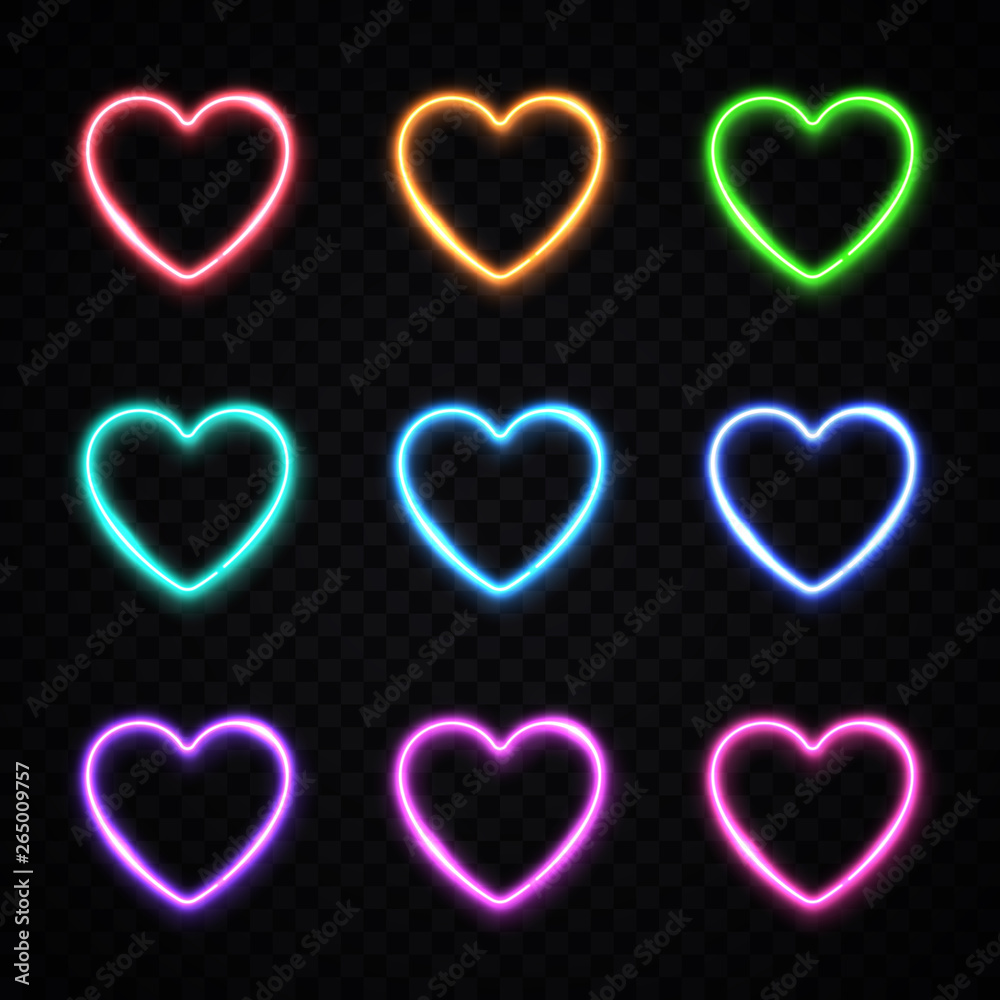 Colorful hearts collection in modern neon style. Shining heart shape ...