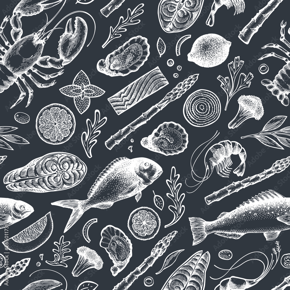 Seafood and fish seamless pattern. Hand drawn vector illustration on ...