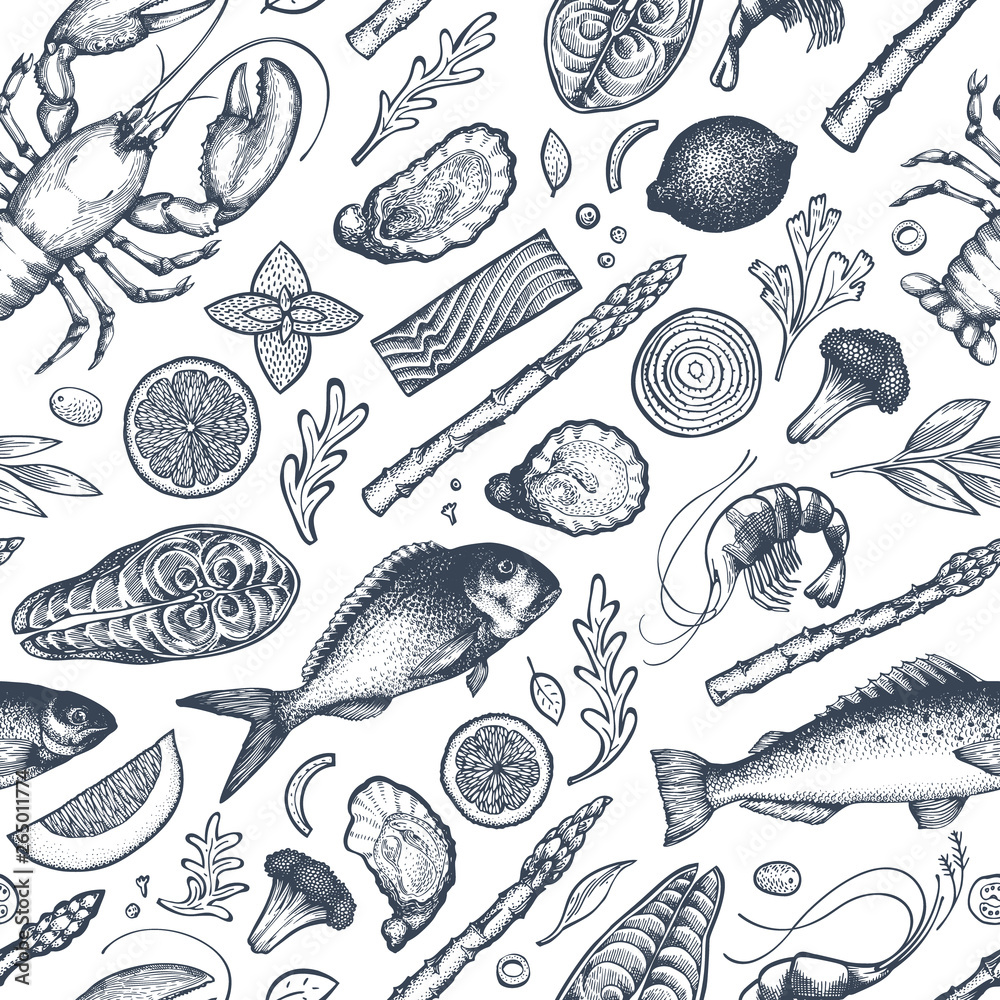 Seafood and fish seamless pattern. Hand drawn vector illustration. Food ...