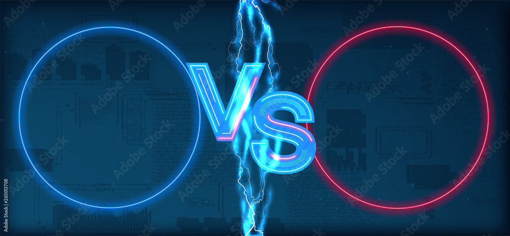 Versus battle, business confrontation screen with neon frames and vs ...