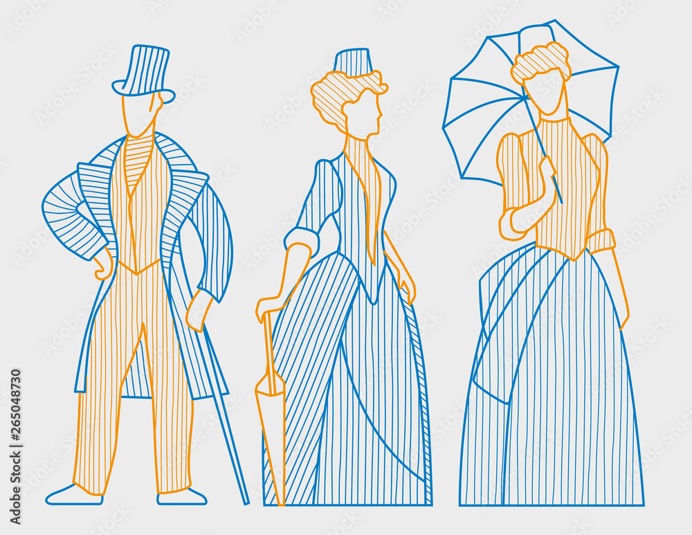 Linear figures of ladies and dzhenmen in clothes of the 19th century ...