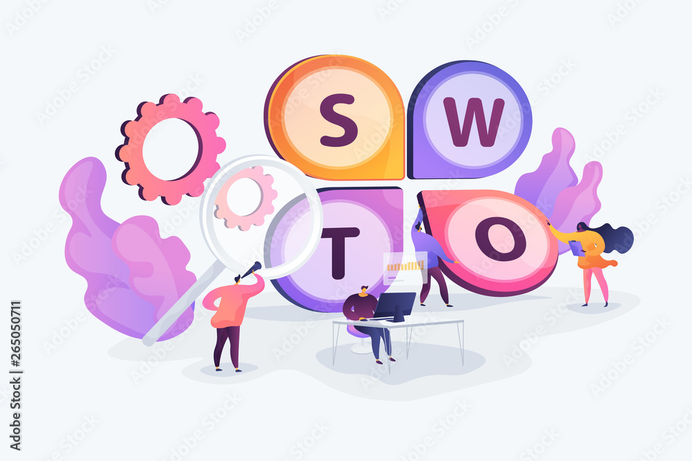 Vetor de Tiny business people using SWOT technique for planning project ...