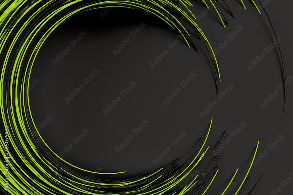 Digital black background of many green circles rod rotated at random ...