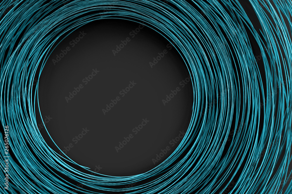 Digital black background of many blue circles of rods rotated at random ...
