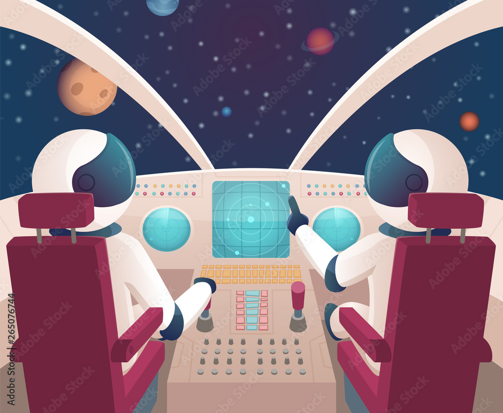 Pilots in spaceship. Shuttle cockpit with pilots in costumes vector ...