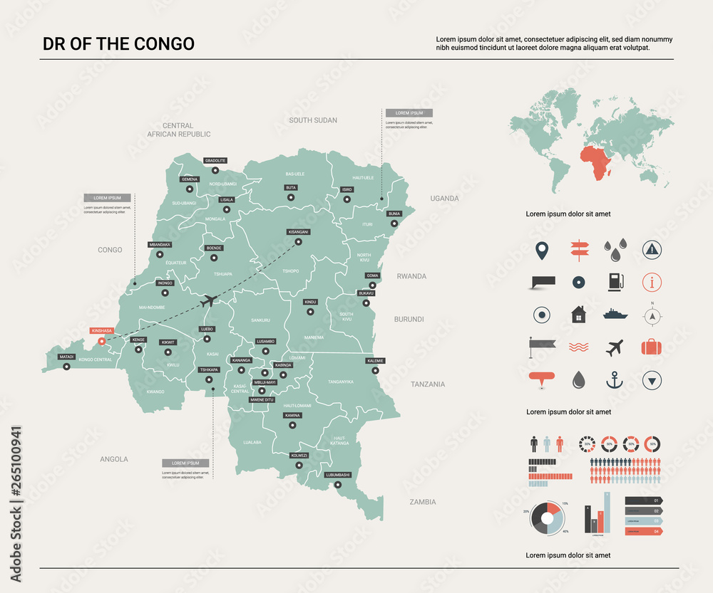 Vector map of DR of the Congo. High detailed country map with division ...