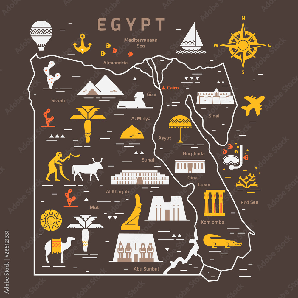 Outline and silhouette map of Egypt - vector illustration hand drawn ...