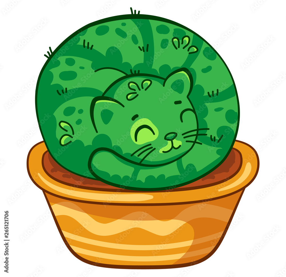 Cat cactus lying in a pot curled up in a ball. Vector cartoon ...