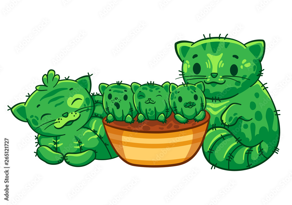 Family cat cacts with kittens. Vector cartoon illustration. It can be ...