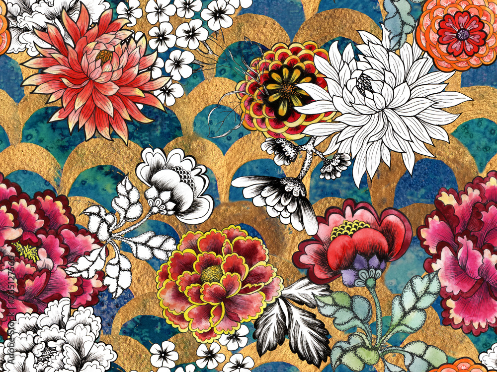 Mermaid fish scale wave japanese luxury seamless pattern. Watercolor ...