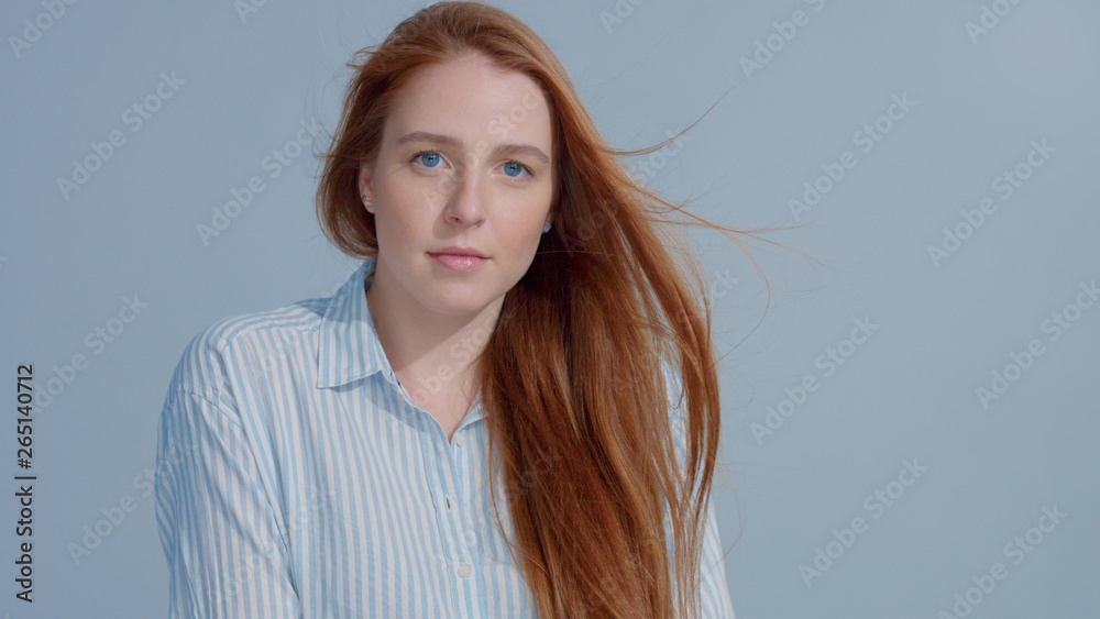 Ginger head red hair, ginger hair model with blue big eyes in studio ...