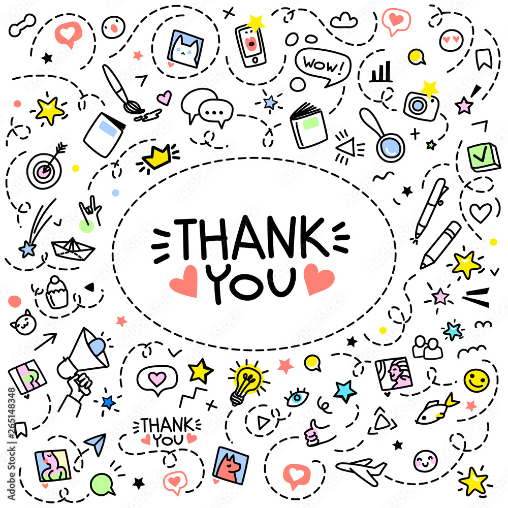 Thank You. Doodle background with hand drawn icons. Line art Stock ...