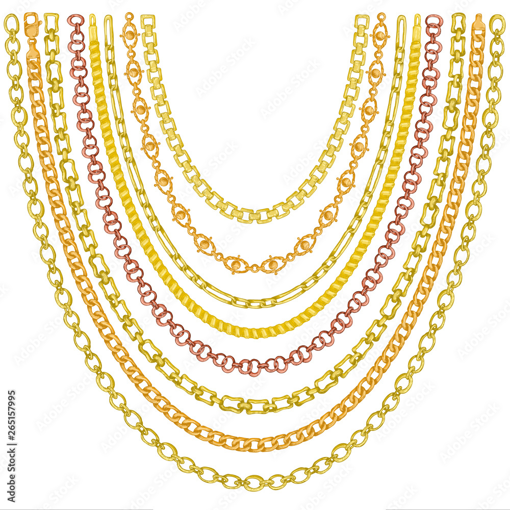 Set of brush patterns with retro hand-drawn sketch golden chain on ...