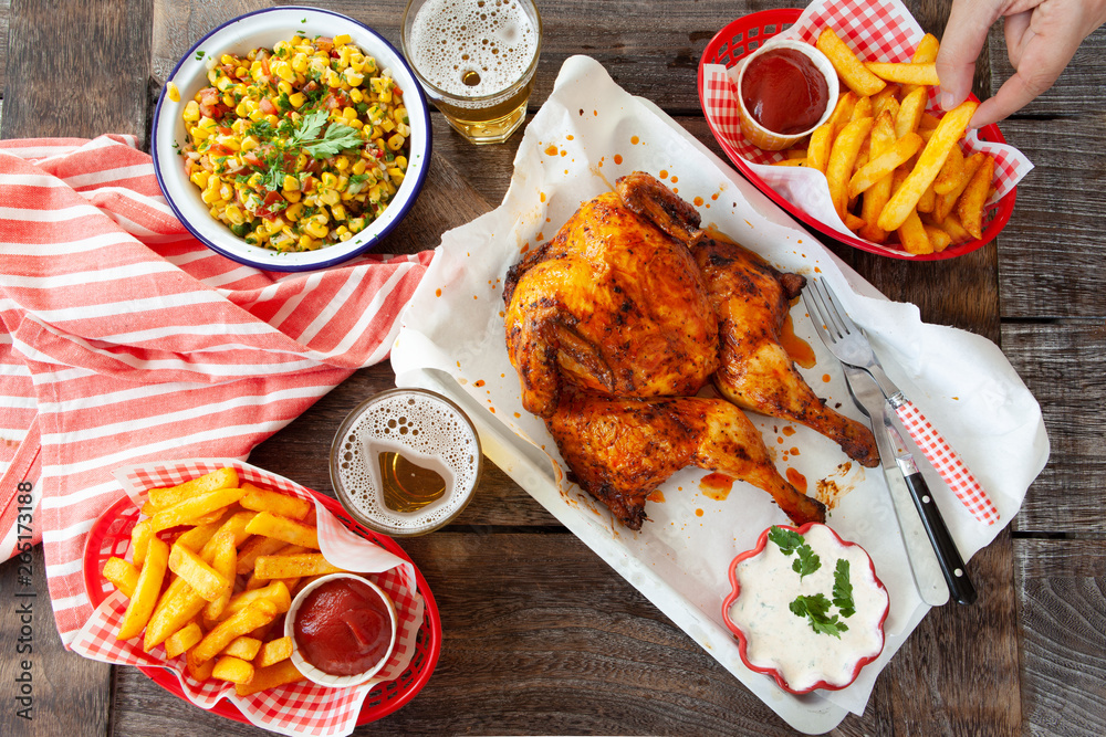 Gegrilltes Haehnchen und Pommes Frites Stock Photo | Adobe Stock