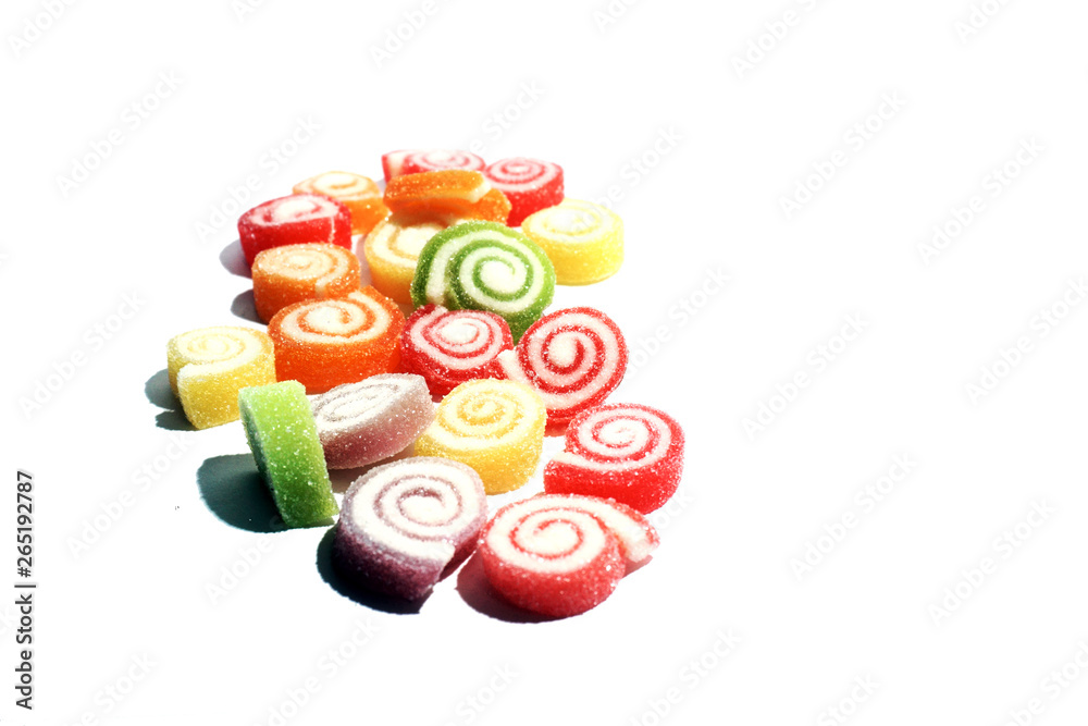 jelly, spiral shape, and various colors, with white background, used ...