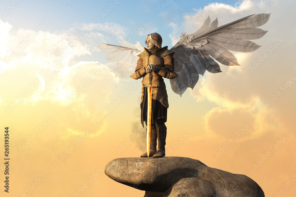 Poster An archangel in golden armor, with sword in hand, and white ...