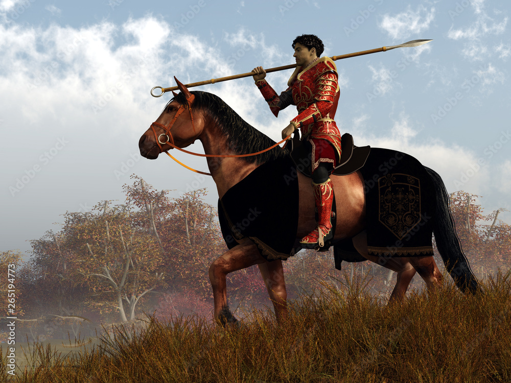 A knight in red armor rides on horseback through an autumn landscape ...