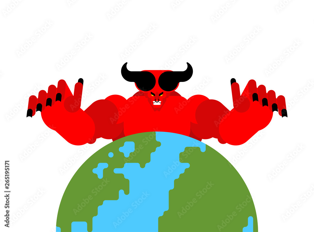 Earth in hands of demon. Devil holds planet. beginning of apocalypse ...
