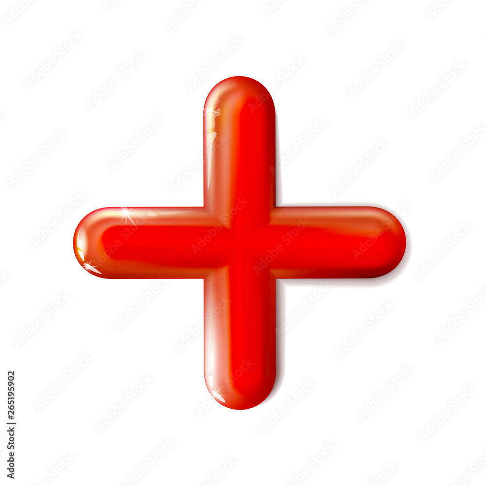 Glossy 3D isolated mathematical plus sign icon. Symbol red. Ui, ad ...