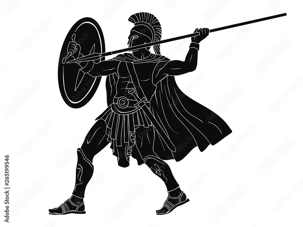 Ancient Roman warrior with a spear and shield in his hands is ready to ...