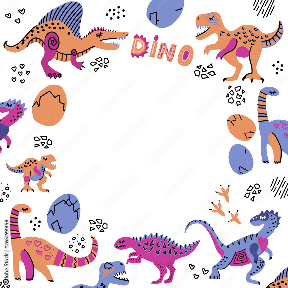 Cute dinosaurs hand drawn color vector illustration with round free ...